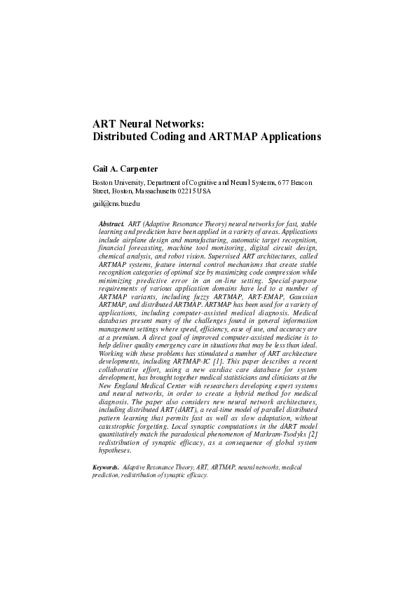 (PDF) ART Neural Networks: Distributed Coding and ARTMAP Applications
