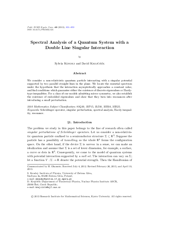 (PDF) Spectral Analysis of a Quantum System with a Double Line Singular Interaction