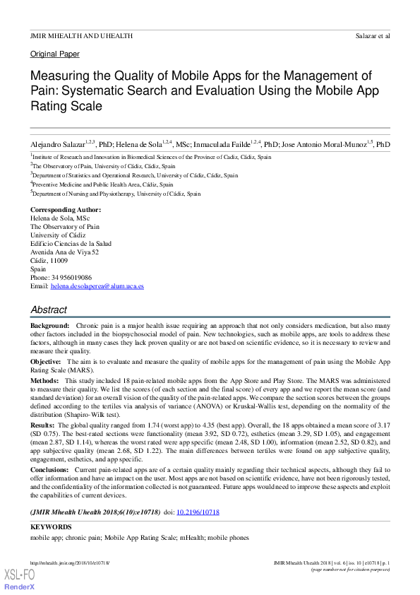 (PDF) Measuring the Quality of Mobile Apps for the Management of Pain ...
