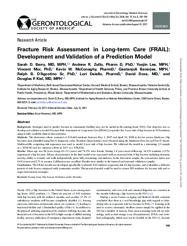 Pdf Frail Hip Fracture Risk Prediction In Nh