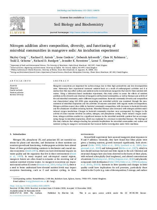 (PDF) Nitrogen addition alters composition, diversity, and functioning of microbial communities ...