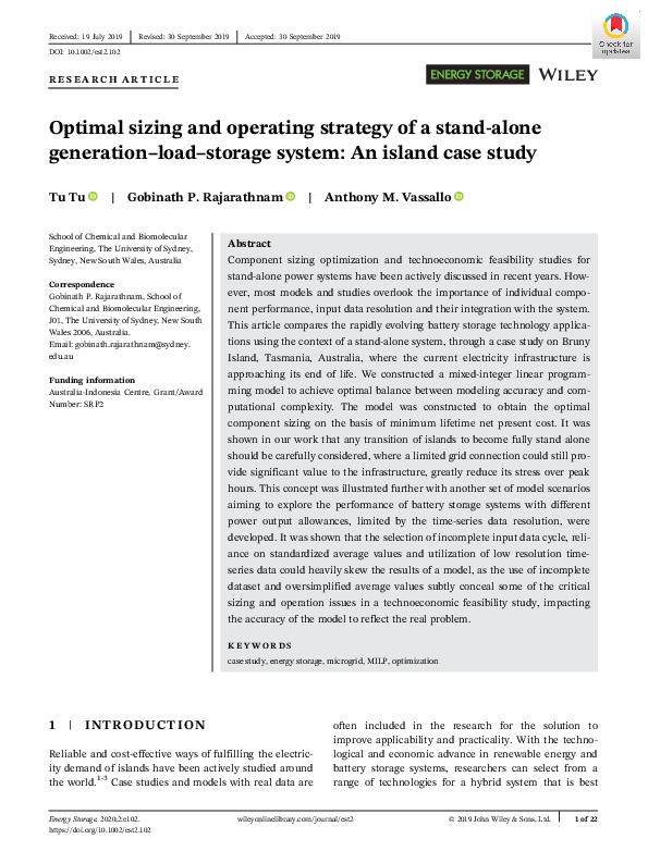 (PDF) Optimal sizing and operating strategy of a stand‐alone generation ...