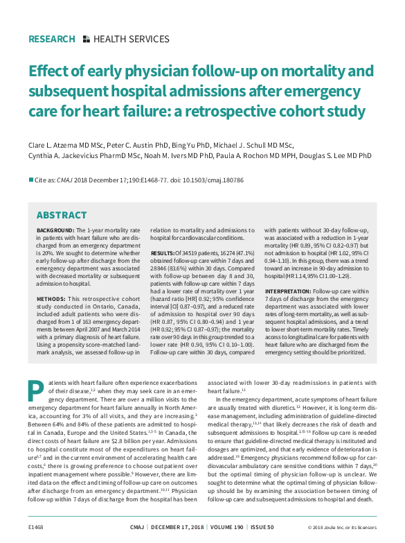 (PDF) Effect of early physician follow-up on mortality and subsequent ...