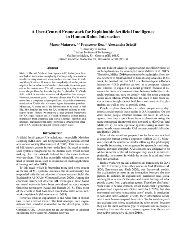 (PDF) A User-Centred Framework for Explainable Artificial Intelligence in Human-Robot Interaction