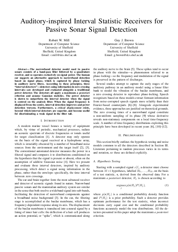 Pdf Auditory Inspired Interval Statistic Receivers For Passive Sonar
