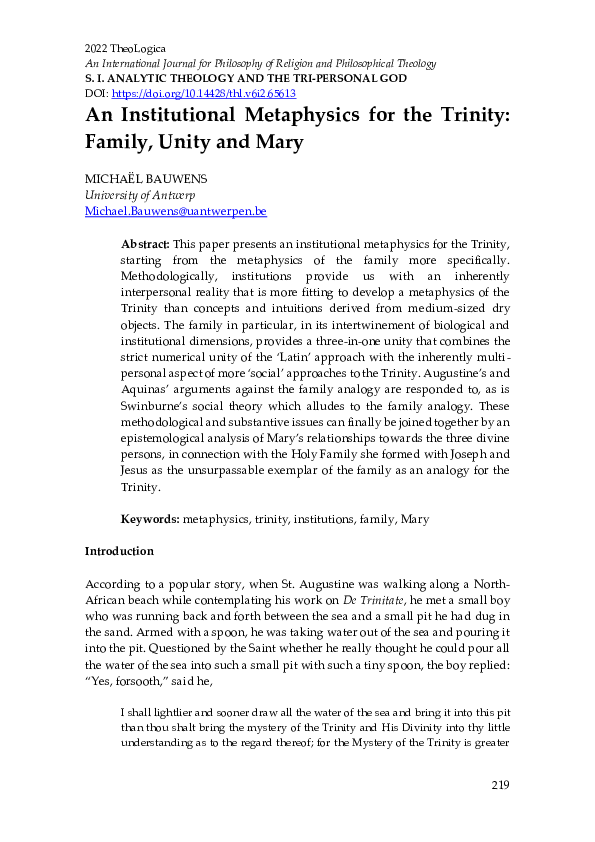 (PDF) An Institutional Metaphysics for the Trinity: Family, Unity and Mary