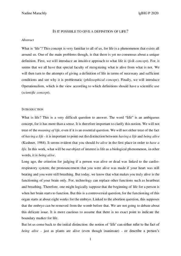 (PDF) Is it possible to give a definition of life? | Nadine Marachly ...
