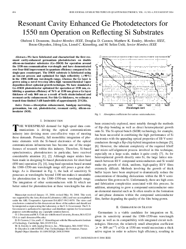 (PDF) Resonant Cavity Enhanced Ge Photodetectors for 1550 nm Operation ...
