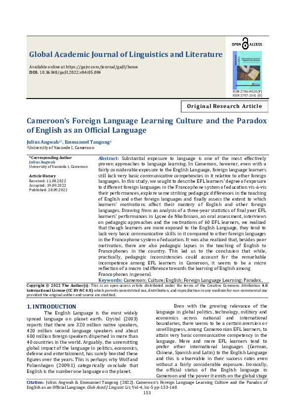 (PDF) Cameroon’s Foreign Language Learning Culture and the Paradox of ...