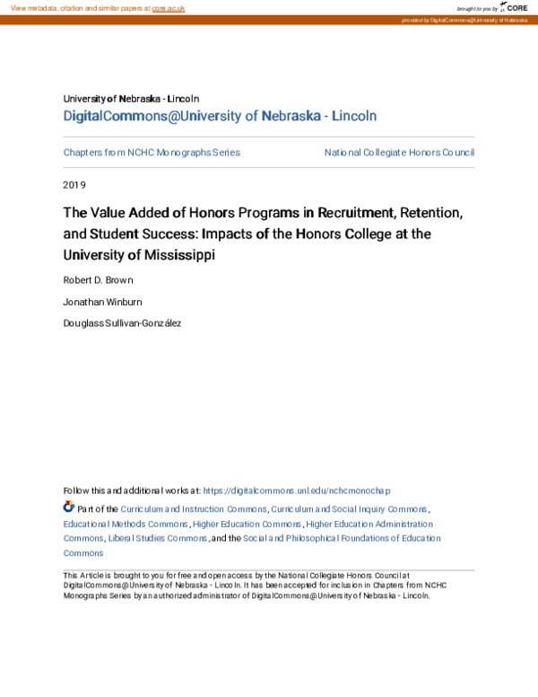 (PDF) The Value Added of Honors Programs in Recruitment, Retention, and Student Success: Impacts ...