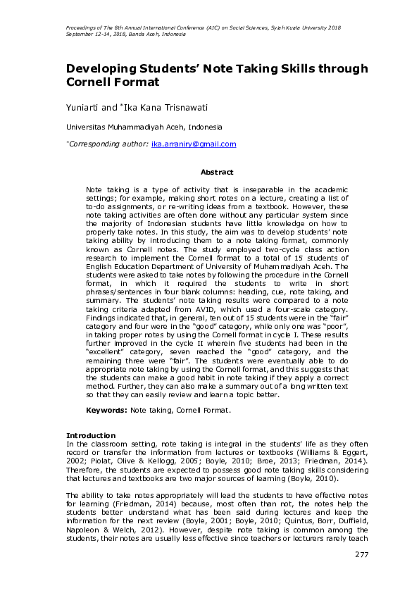 (PDF) Developing Students’ Note Taking Skills through Cornell Format