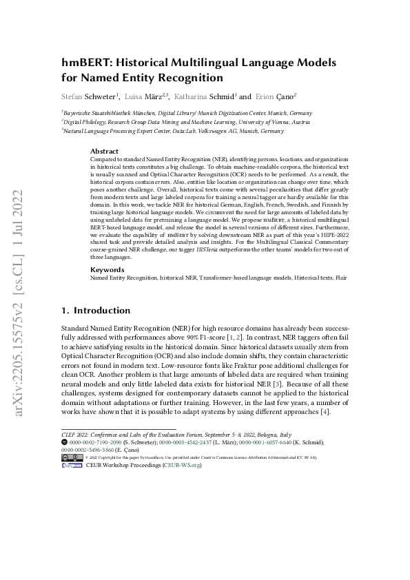 (PDF) hmBERT: Historical Multilingual Language Models for Named Entity Recognition