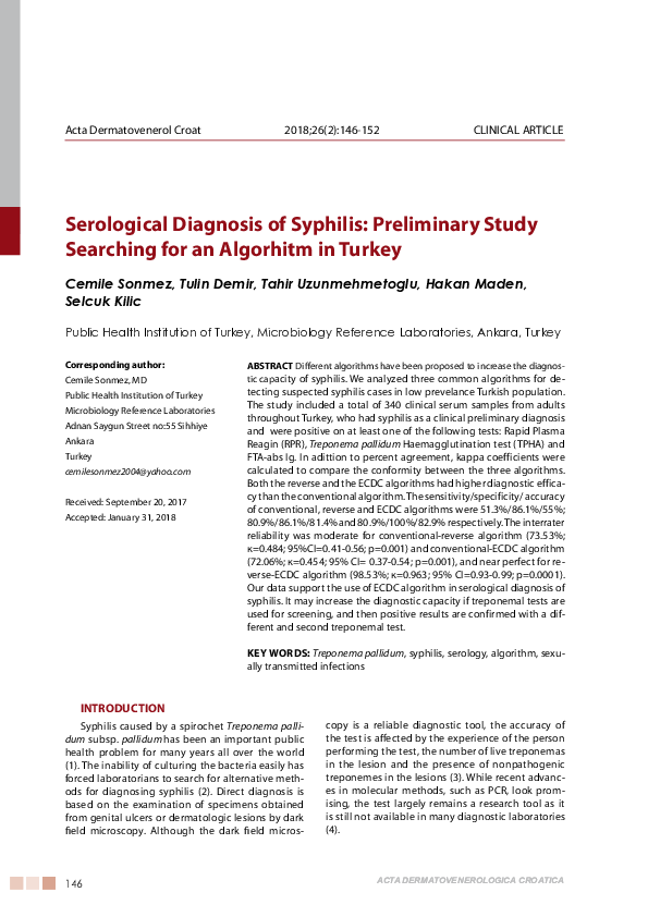 (PDF) Serological Diagnosis of Syphilis: Preliminary Study Searching ...