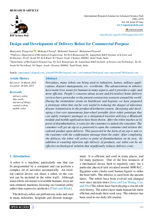 (PDF) Design and Development of Delivery Robot for Commercial Purpose