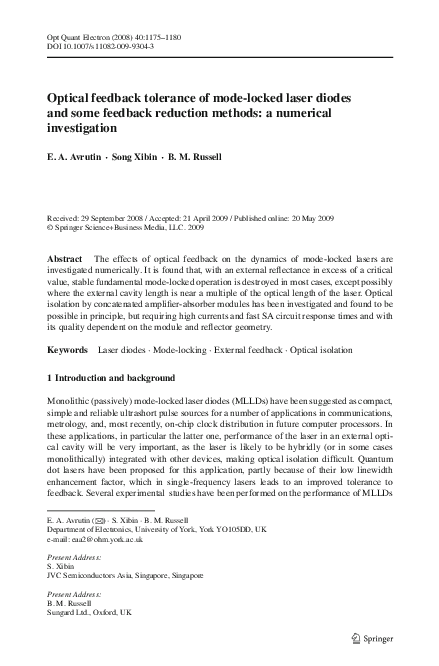 (PDF) Optical feedback tolerance of mode-locked laser diodes and some feedback reduction methods ...