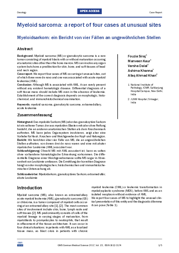 (PDF) Myeloid sarcoma: a report of four cases at unusual sites