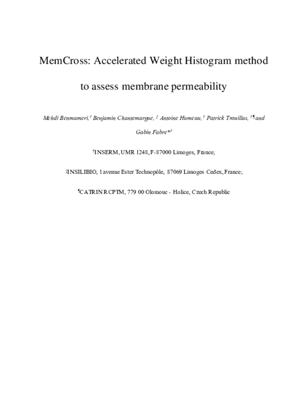 (PDF) MemCross: Accelerated Weight Histogram method to assess membrane ... (PDF) MemCross: Accelerated Weight Histogram method to assess membrane ...