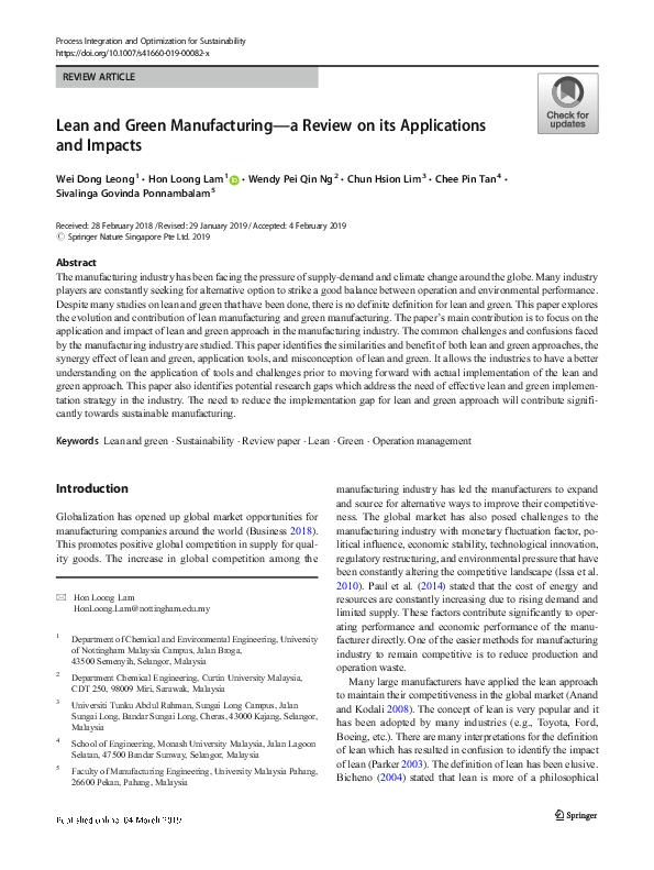 (PDF) Lean and Green Manufacturing—a Review on its Applications and Impacts