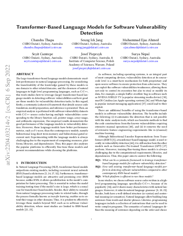 Pdf Transformer Based Language Models For Software Vulnerability Detection