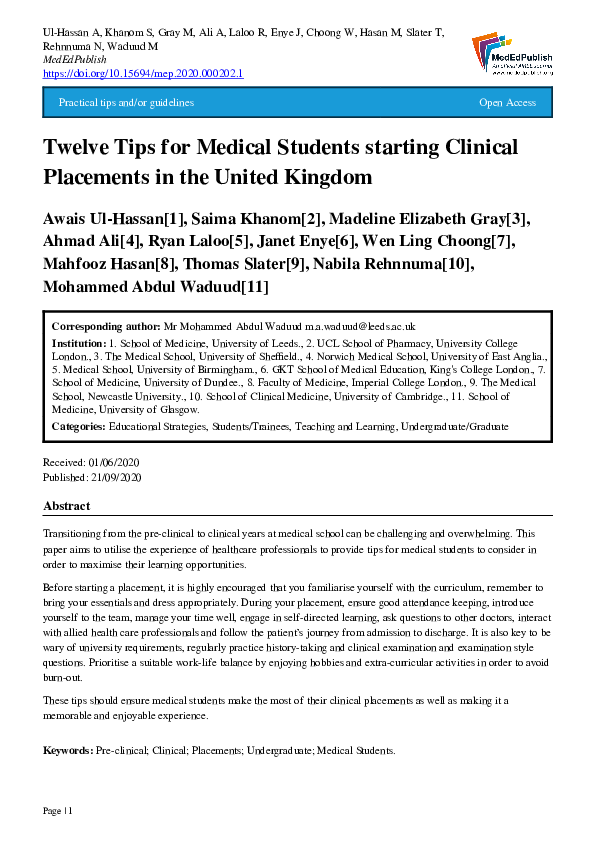 (PDF) Twelve Tips for Medical Students starting Clinical Placements in ...