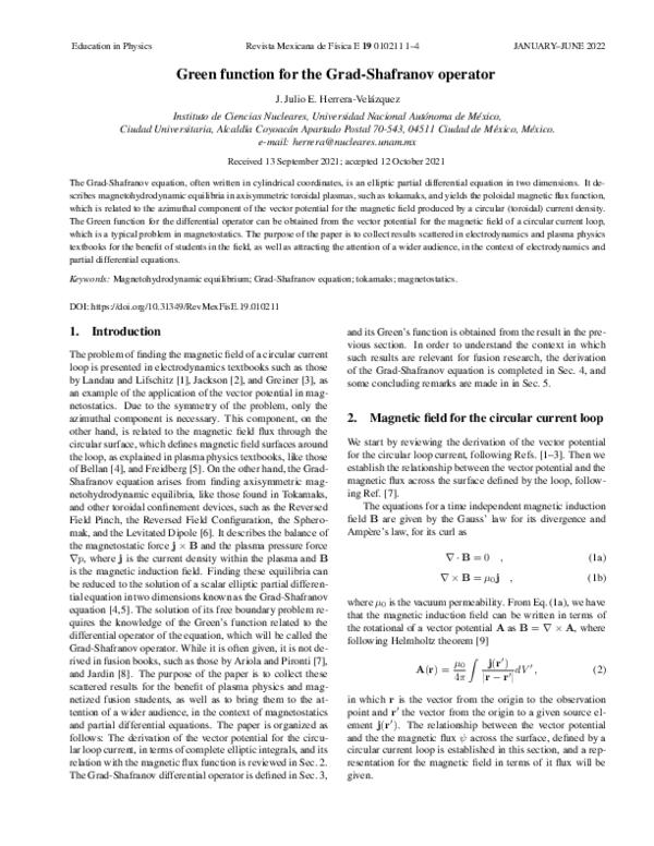 (PDF) Green function for the Grad-Shafranov operator