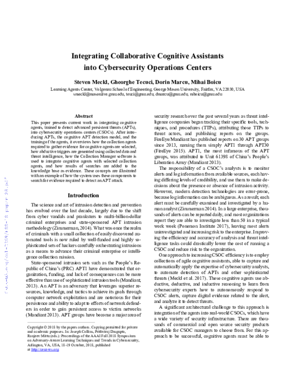 (PDF) Integrating Collaborative Cognitive Assistants Into Cybersecurity Operations Centers
