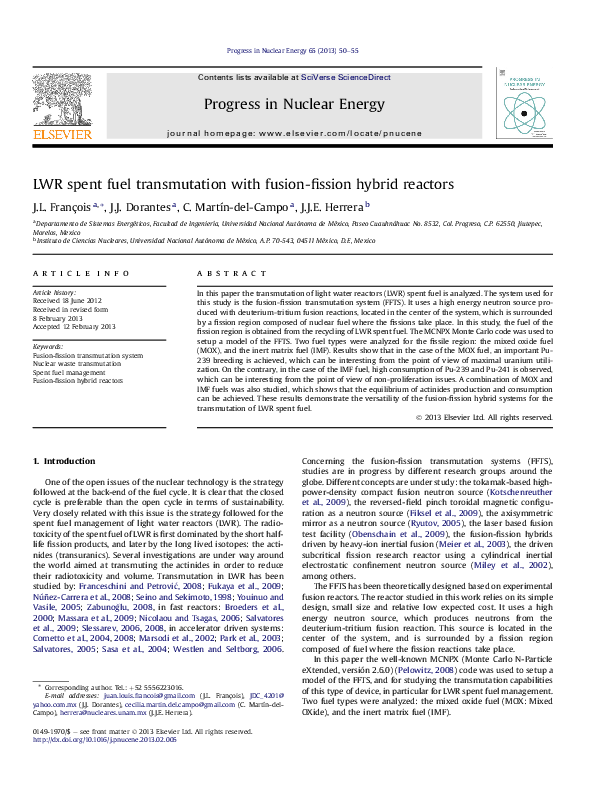 (PDF) LWR spent fuel transmutation with fusion-fission hybrid reactors