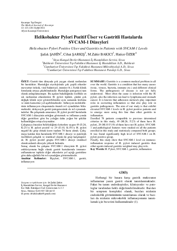 (PDF) Helikobakter Pylori Pozitif Ülser ve Gastritli Hast alarda SVCAM-1 Düzeyleri Helicobacter ...