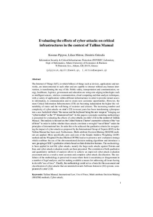 (PDF) Evaluating the effects of cyber-attacks on critical infrastructures in the context of ...
