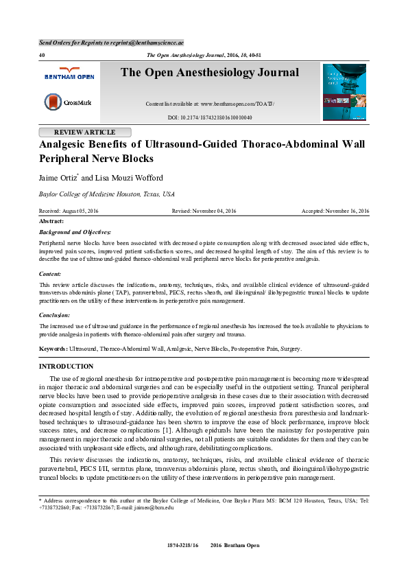 (PDF) Analgesic Benefits of Ultrasound-Guided Thoraco-Abdominal Wall ...