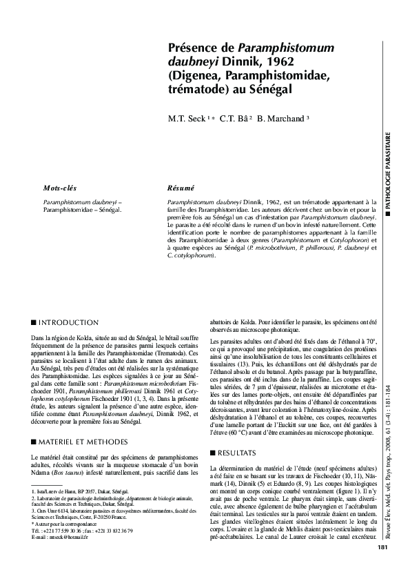 (PDF) Présence de Paramphistomum daubneyi Dinnik, 1962 (Digenea ...