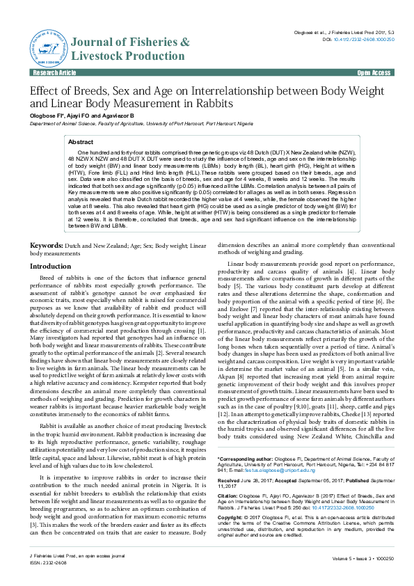 Pdf Effect Of Breeds Sex And Age On Interrelationship Between Body Weight And Linear Body