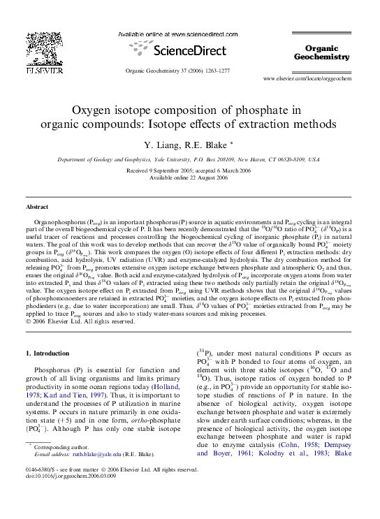 (PDF) Oxygen isotope composition of phosphate in organic compounds: Isotope effects of ...