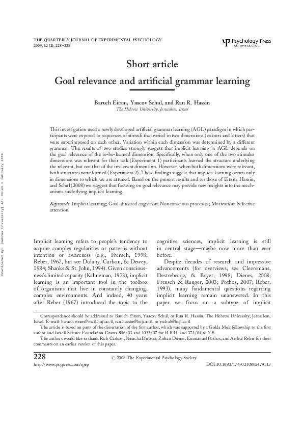 (PDF) Short Article: Goal relevance and artificial grammar learning