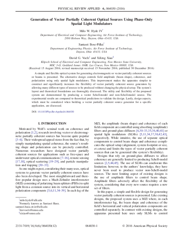 (PDF) Generation of Vector Partially Coherent Optical Sources Using ...