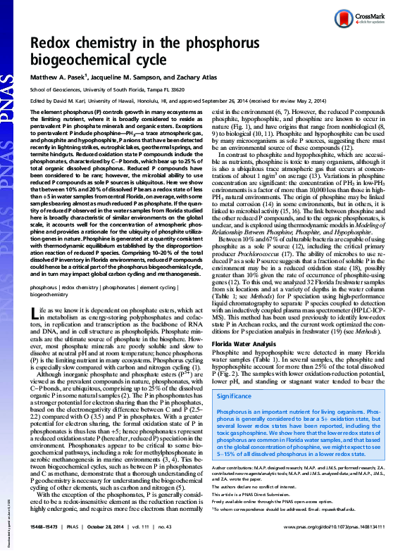 (PDF) Redox chemistry in the phosphorus biogeochemical cycle