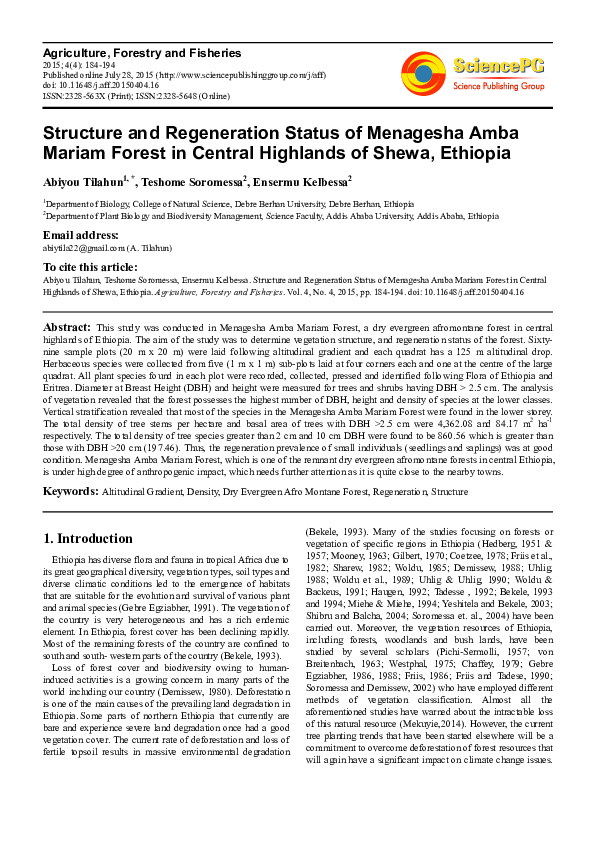 (PDF) Structure and Regeneration Status of Menagesha Amba Mariam Forest ...