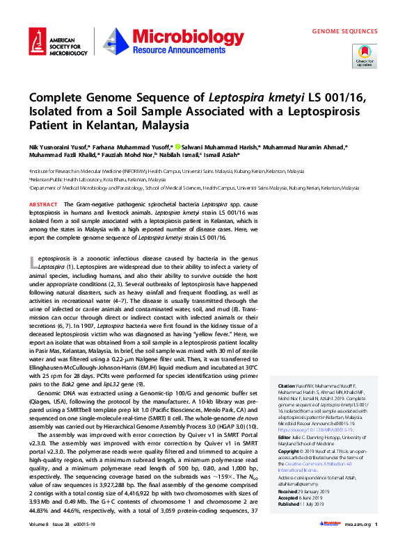 (PDF) Complete Genome Sequence of Leptospira kmetyi LS 001/16, Isolated ...