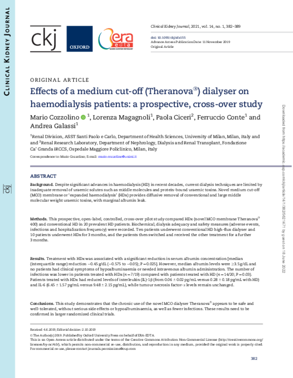 (PDF) Effects of a medium cut-off (Theranova®) dialyser on ...