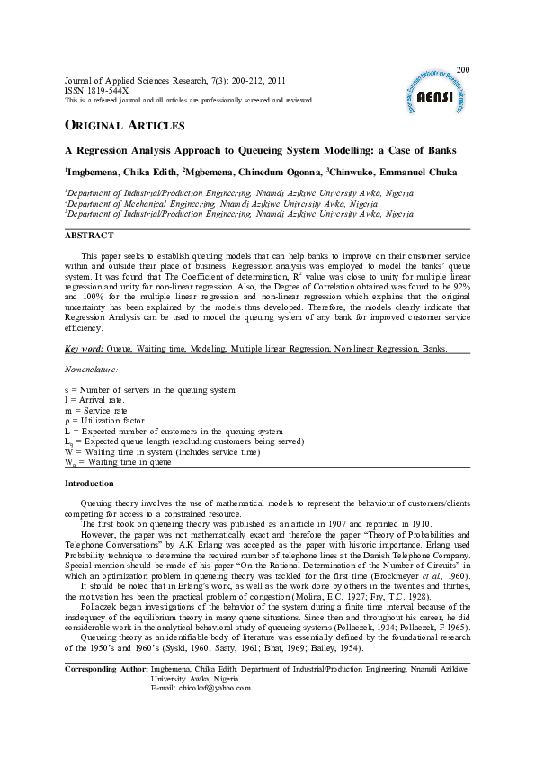 Pdf A Regression Analysis Approach To Queueing System Modelling A