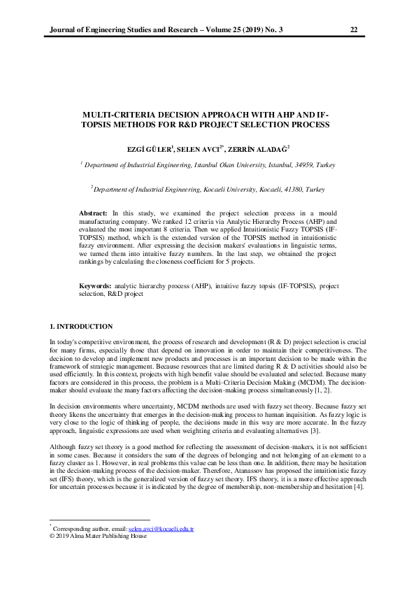 Pdf Multi Criteria Decision Approach With Ahp And If Topsis Methods For R Project Selection