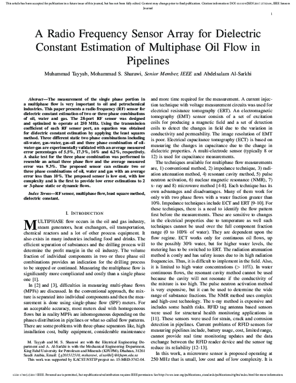 Pdf A Radio Frequency Sensor Array For Dielectric Constant Estimation Of Multiphase Oil Flow