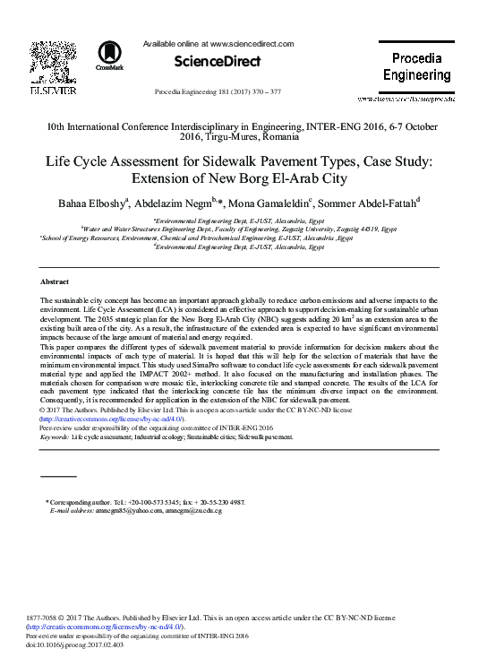 (PDF) Life Cycle Assessment for Sidewalk Pavement Types, Case Study ...
