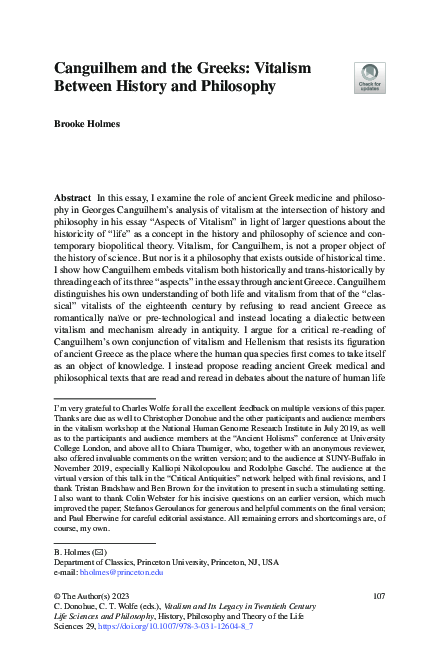 (PDF) Canguilhem and the Greeks: Vitalism Between History and Philosophy