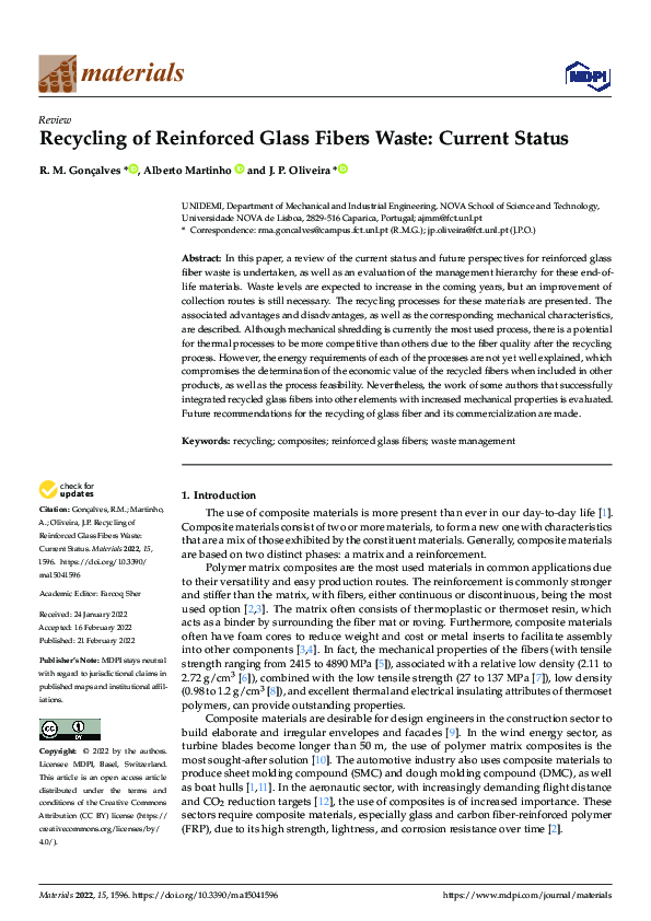 (PDF) Recycling of Reinforced Glass Fibers Waste: Current Status