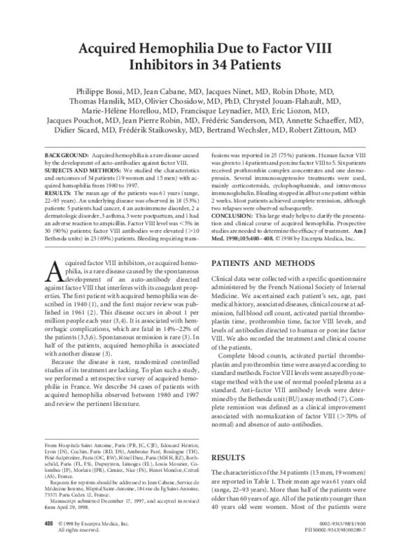 (PDF) Acquired hemophilia due to factor VIII inhibitors in 34 patients
