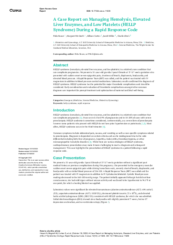 (PDF) Managing HELLP Syndrome During Rapid Response