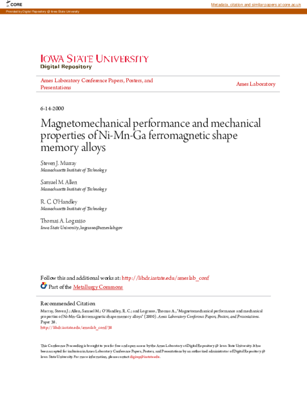 (PDF) Magnetomechanical performance and mechanical properties of Ni-Mn-Ga ferromagnetic shape ...