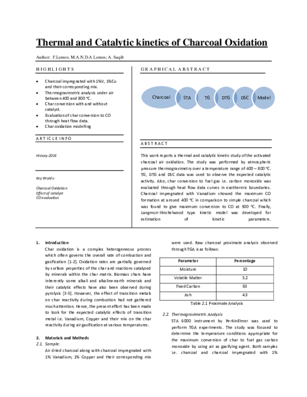 (PDF) Thermal and Catalytic kinetics of Charcoal Oxidation
