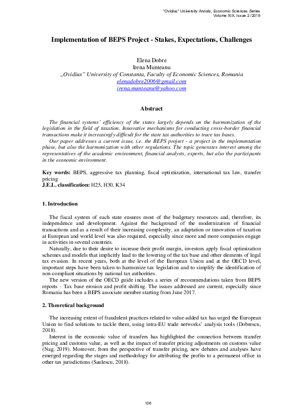 (PDF) Implementation of BEPS Project - Stakes, Expectations, Challenges